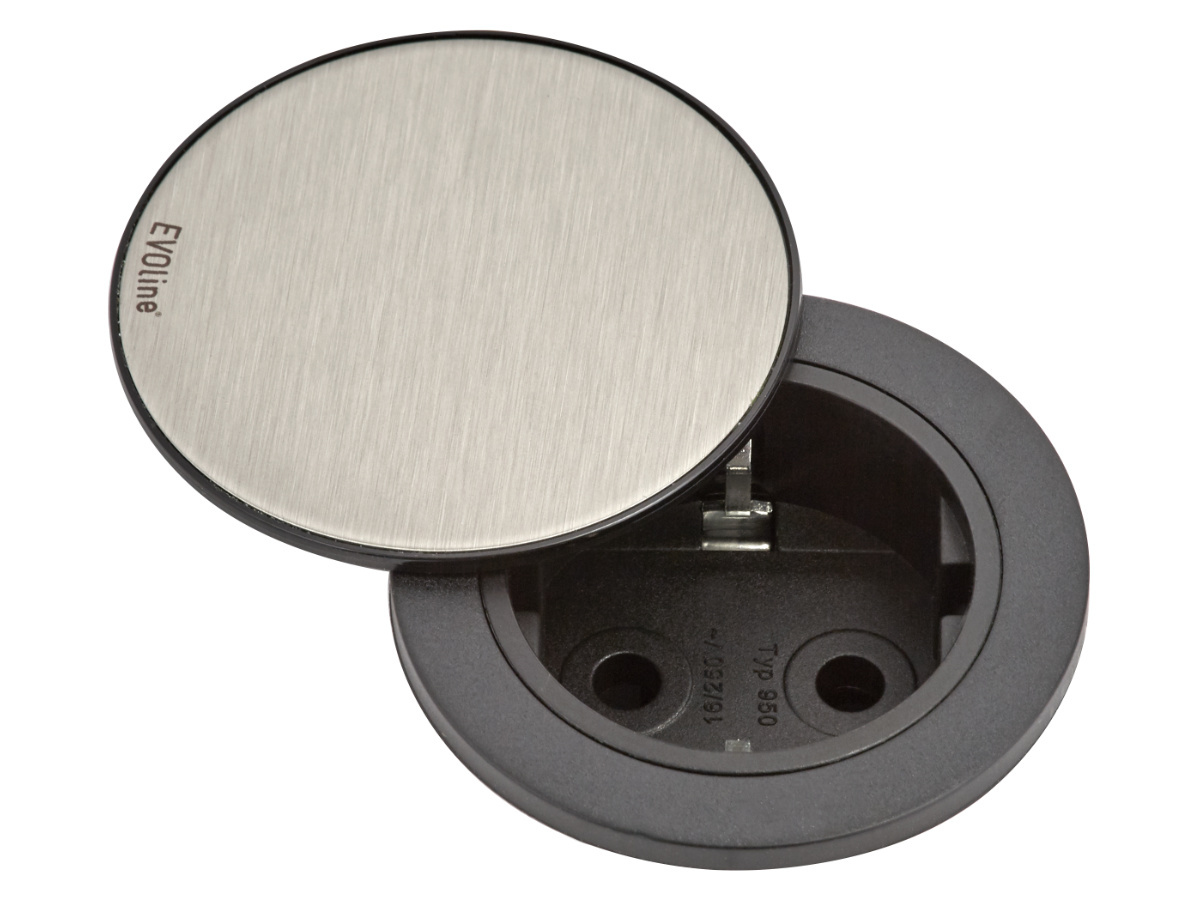 EVOline One Einbau Steckdose mit Deckel, schwarz mit Edelstahl