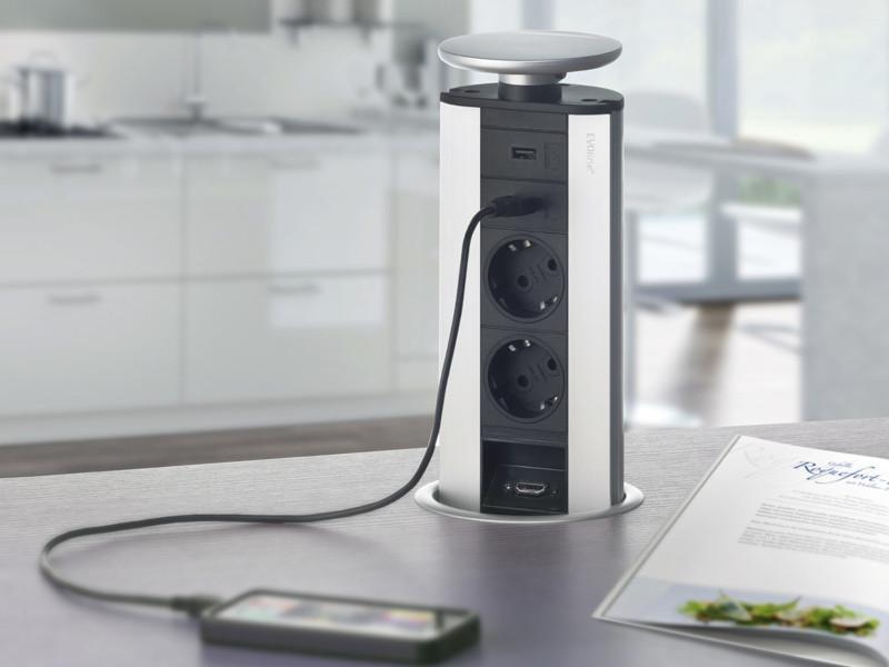 EVOline Port 2x versenkbare Steckdose 2-fach USB-Charger, silber