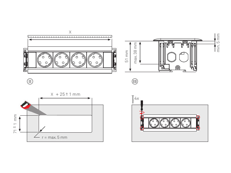 EVOline FrameDock DATA Tischanschlussfeld 3-fach Steckdose 2x CAT6